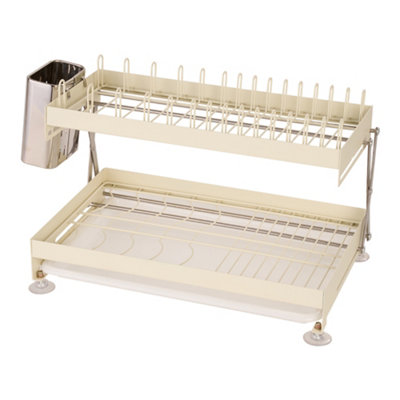 2-Tier Cream White Foldable Carbon Steel Dish Drainer Rack with Utensil ...