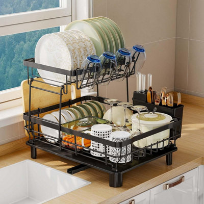 2 Tier Dish Drainer Rack Kitchen Drip Tray,Sink Drainer 360 degree ...