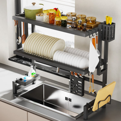 2 Tier Dish Drainer Rack with Drip Tray Cutlery Holder Plate Rack ...