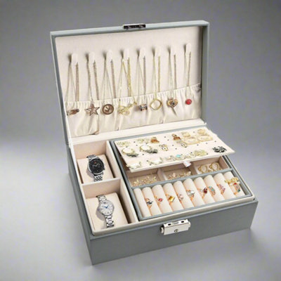 2-Tier Grey Jewellery Organizer Box , Elegant Storage Case