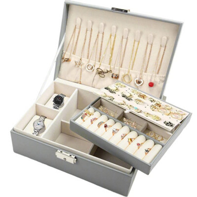 2-Tier Grey Jewellery Organizer Box , Elegant Storage Case