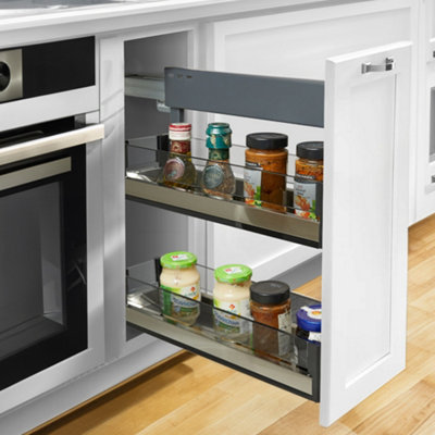 2-Tier Kitchen Pull Out Glass Shelf storage Stainless Steel Glass 15cm ...