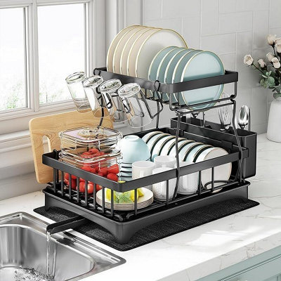 2 TIER KITCHEN SINK DISH DRAINER RACK WITH DRIP TRAY CUTLERY HOLDER ...