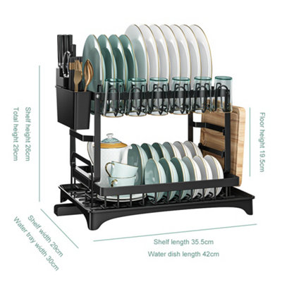 2 TIER KITCHEN SINK DISH DRAINER RACK WITH DRIP TRAY CUTLERY HOLDER ...