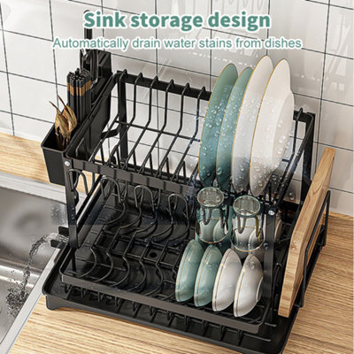 2 TIER KITCHEN SINK DISH DRAINER RACK WITH DRIP TRAY CUTLERY HOLDER ...