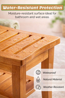 2 Tier Slatted Premium Natural Bamboo Wood Bathroom Stool Bench Shower ...