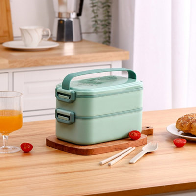 2-Tier Stackable Green Bento Lunch Box with Carry Handle