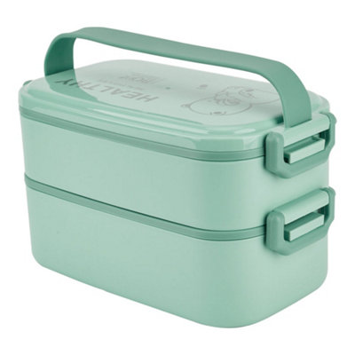 2-Tier Stackable Green Bento Lunch Box with Carry Handle