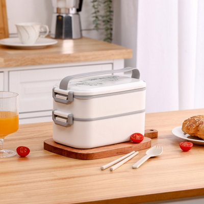 2-Tier Stackable White Bento Lunch Box with Carry Handle