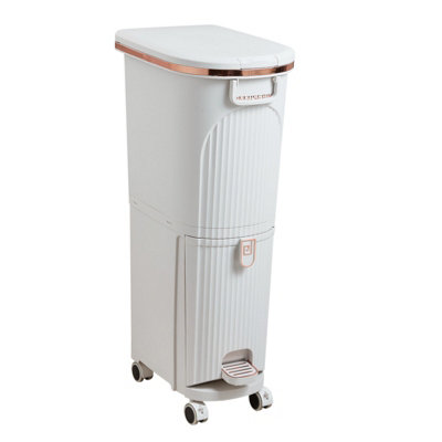 2-Tier White Household Sorting Trash Bin with Lid and Wheels, 26 cm (W ...
