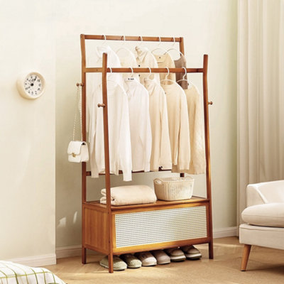 2-Tier Wooden Clothes Rack with Hooks and Drawer Brown