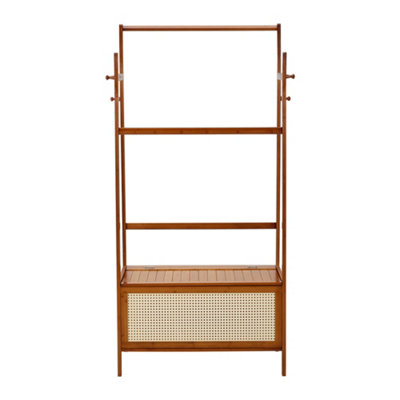 2-Tier Wooden Clothes Rack with Hooks and Drawer Brown