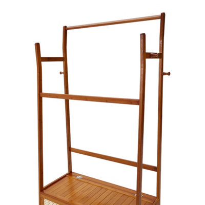 2-Tier Wooden Clothes Rack with Hooks and Drawer Brown