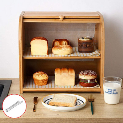 2 Tiers Slide Roll Top Bread Bin Double Layer Food Storage Rack Home ...
