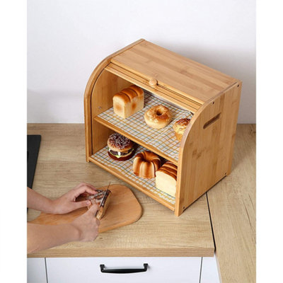 2 Tiers Slide Roll Top Bread Bin Double Layer Food Storage Rack Home ...