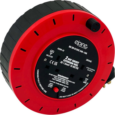 2 Way 10M Extension Reel Heavy Duty Cassette Lead Cable Mains Socket ...