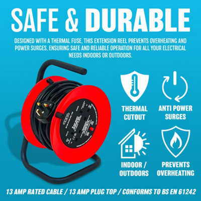2 Way 15M Extension Reel Heavy Duty Cassette Lead Cable Mains Socket ...