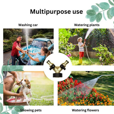 2-Way Double Garden Tap Adapter and Hose Connector - 3/4" Dual Hose ...