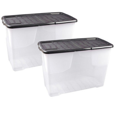 2 x 100L Clear Plastic Curve Storage Container With Black Lid Ideal For ...
