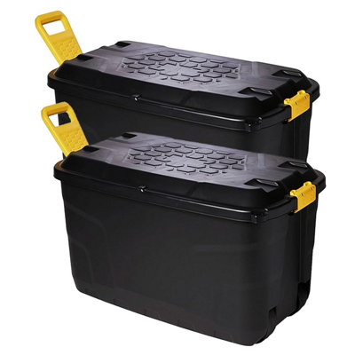 2 x 145 Litre Large Heavy Duty Indoor Outdoor Black Storage Trunks With ...