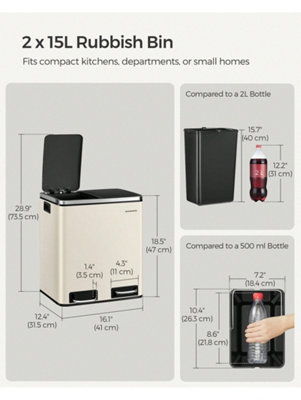 2 x 15 L Double Kitchen Bin, Pedal Rubbish Bin for Recycling and Waste ...