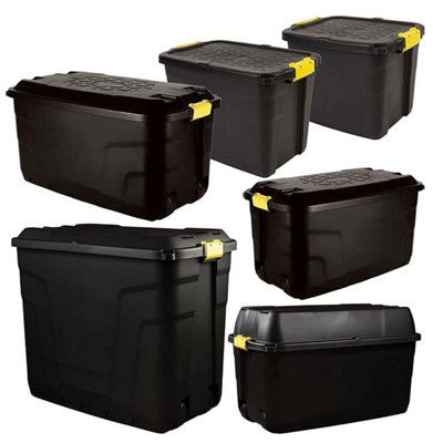 2 x 190 Litre Heavy Duty Black Plastic Storage Trunks With Yellow ...