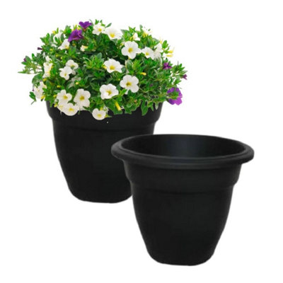 2 x 20cm Black Colour Round Bell Plant Pot Flower Planter Plastic ...