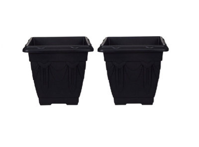 2 x 22cm Square Venetian Pot Decorative Plastic Garden Flower Planter Black