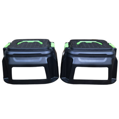 2 x 33cm Black and Green Heavy Duty Step Stool with Tool Caddy Storage
