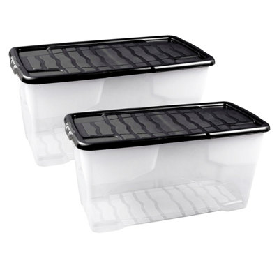 2 x 42 Litre Clear Transparent Base Stackable Curve Plastic Storage ...