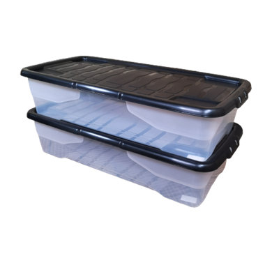 2 x 42L Clear Under Bed Storage Box with Black Lid, Stackable and ...
