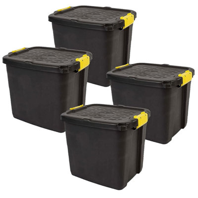 2 x 60 Litre Large Heavy Duty Indoor Outdoor Black Storage Trunks With ...