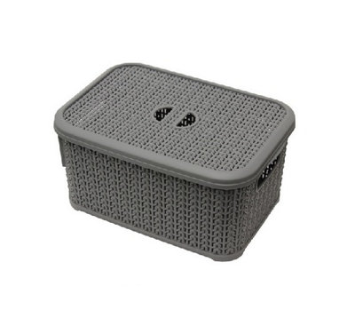 2 x 6L Loop Effect Grey Rectangle Plastic Storage Basket With Lid 28cm ...