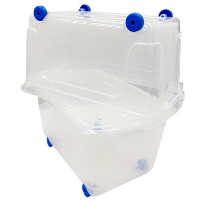 2 x 70 Litre Clear Plastic Reinforced Storage Containers With Wheels ...