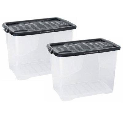 2 x 80 Litre Clear Transparent Base Stackable Curve Plastic Storage ...