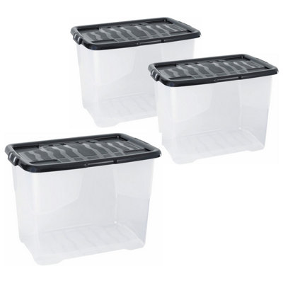 2 x 80 Litre Clear Transparent Base Stackable Curve Plastic Storage ...