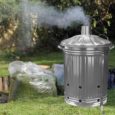 2 x 90 Litre Galvanised Metal Incinerator Fire Burning Bin with Lid ...