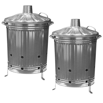 2 x 90L Heavy Duty Galvanised Metal Fire Burning Incinerator Bins With ...