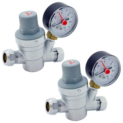 2 x Adjustable Pressure Reducing Valve 15mm With 0-10 Bar Gauge (Twin Pack)