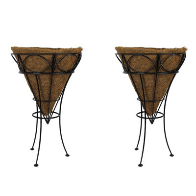 2 x Cone Shaped Jardiniere Planter & Coco Liner Wrought Iron Freestanding