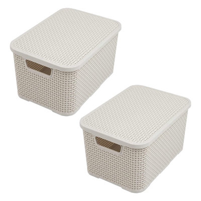 2 x Cream Rattan Effect Home Office Multipurpose Storage Baskets With Lids