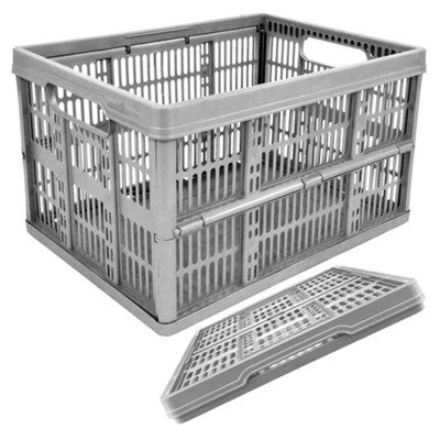 2 x Grey 32L Plastic Folding Crate Boxes With Handles Collapsible ...