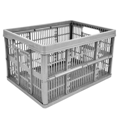 2 x Grey 32L Plastic Folding Crate Boxes With Handles Collapsible ...