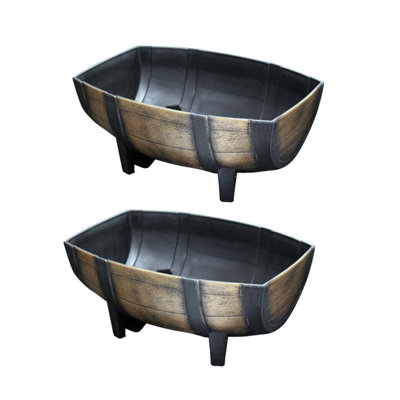 2 x Kingfisher Oak Wooden Barrel Effect Plastic Garden Flower Pot ...