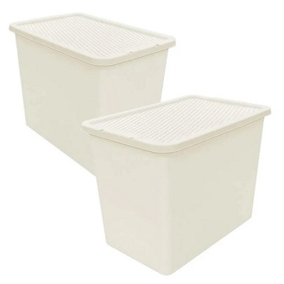 2 x Large Cream Stackable 80 Litre Plastic Rattan Storage Containers ...