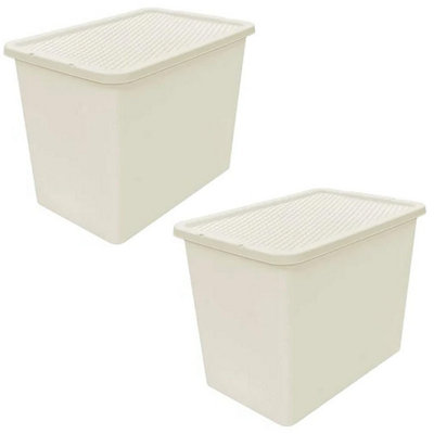 2 x Large Cream Stackable 80 Litre Plastic Rattan Storage Containers ...