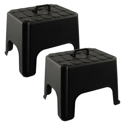 2 x Non-Slip Step Up Black Step Stools With Built In Carry Handles