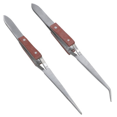 2 x Self Locking Closing Tweezers Straight Curved Tweezer Anvil Wood Grip