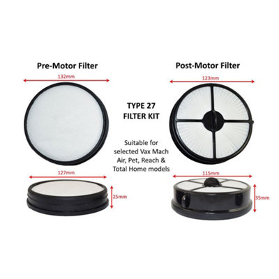2 X SETS VAX TYPE 27 PRE AND POST MOTOR HEPA FILTER KIT FOR VAX MACH ...