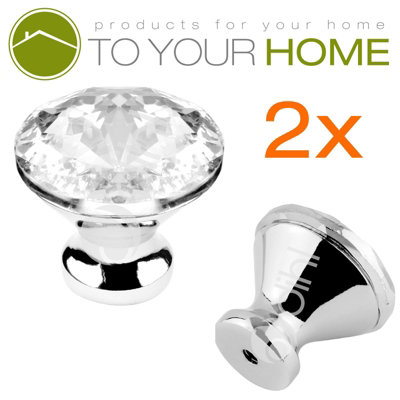 2 x Small Crystal Door Knobs Diamond Glass Clear Cabinet Drawer ...